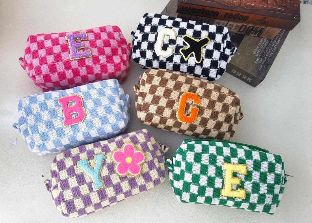 Personalized Chenille Patch Checkered Cosmetic Bag | Custom Patch Make ...