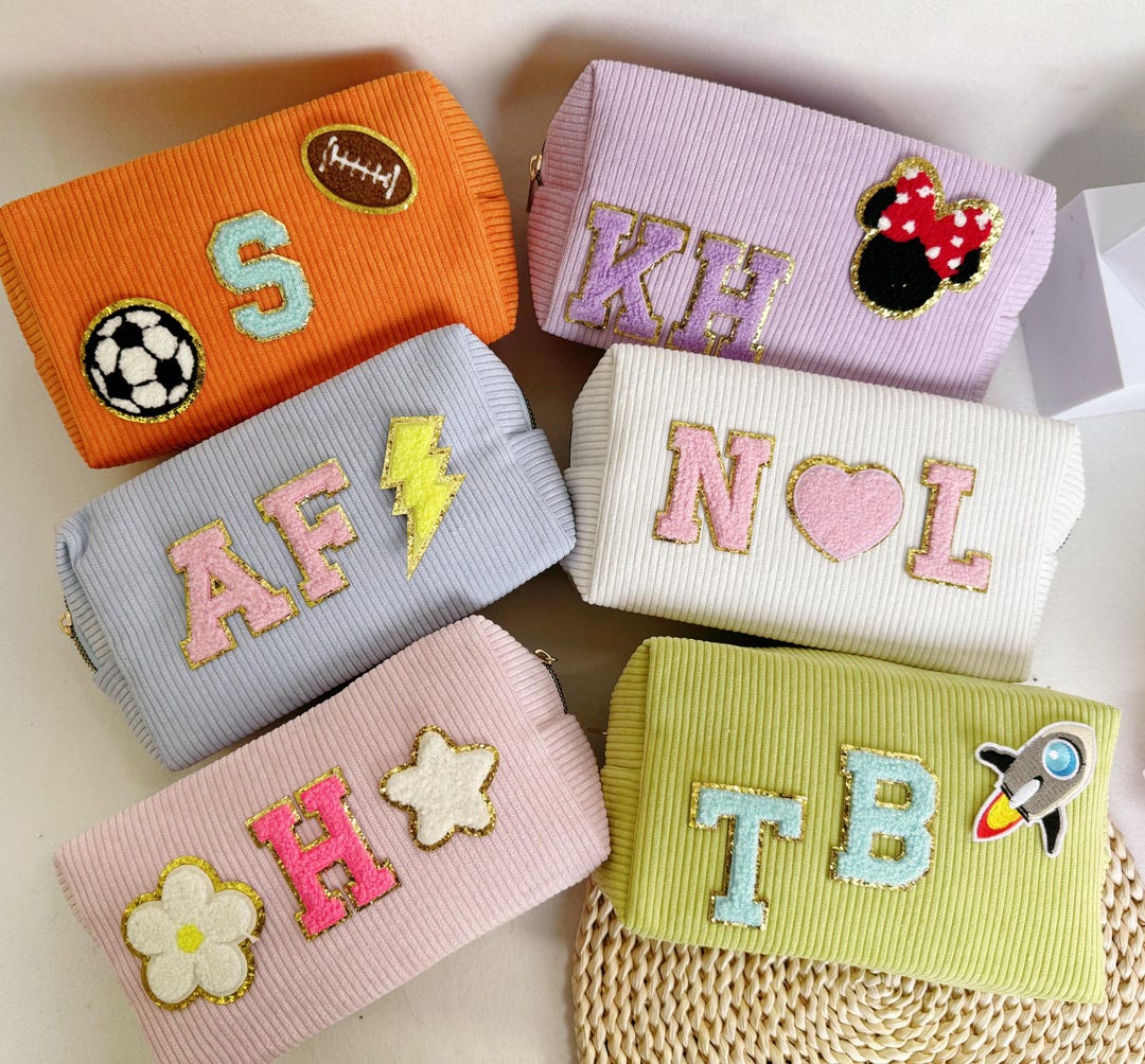 Custom Corduroy Pouch With Chenille Letter Patch, Makeup Bag ...