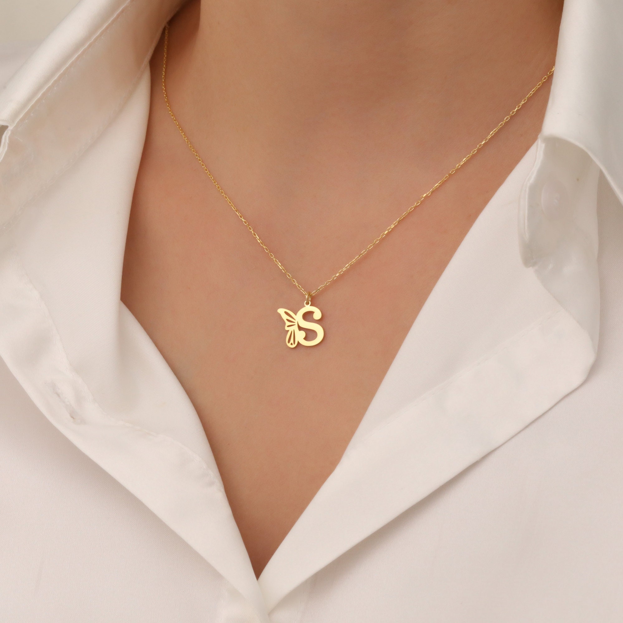 Custom Initial Necklace With Butterfly, 14k Gold Plated Letter Wing ...