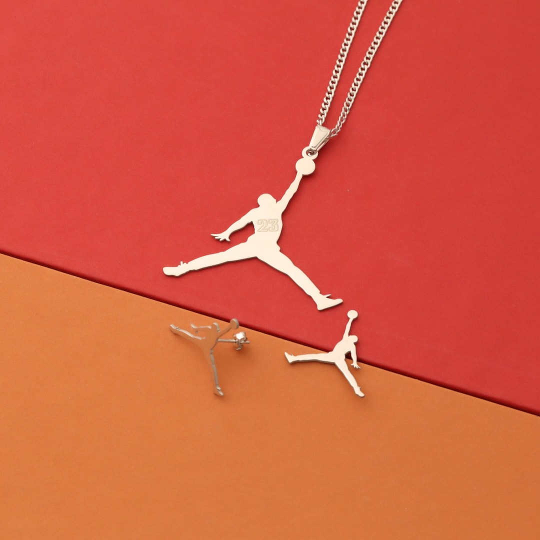 14K Gold Plated Jordan Necklace and Earrings Set, Silver Air Jordan ...
