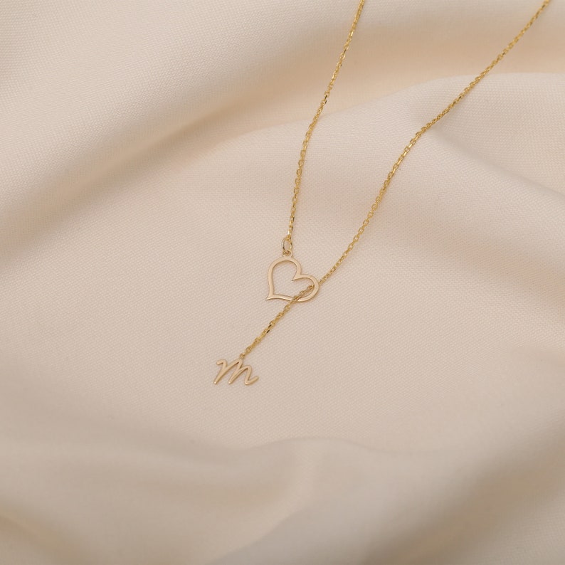 Custom Initial and Dangling Heart Gold Necklace, Lariat 14k Gold Plated ...