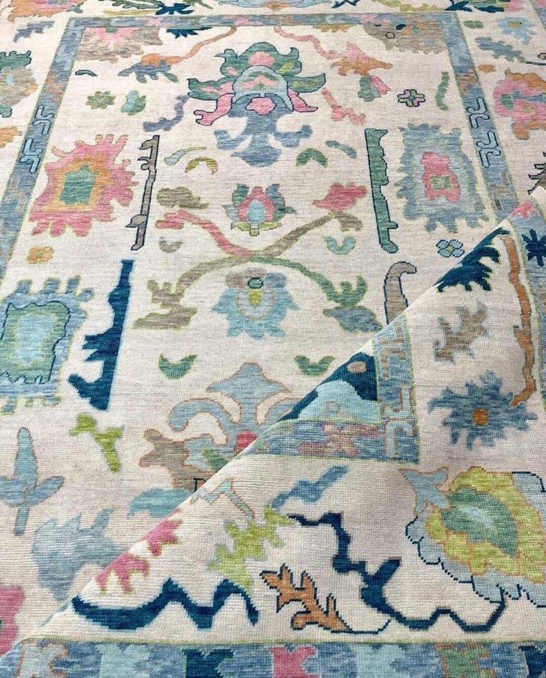 Tuscan Ivory Teal Turkish Oushak Made in 100% Wool Natural Dying Area ...