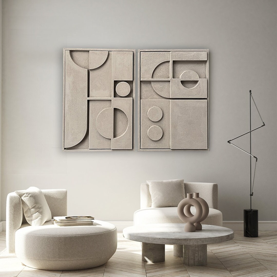 Set of Two Large Wall Reliefs Wall Decor Abstract Wall Art Geometric ...