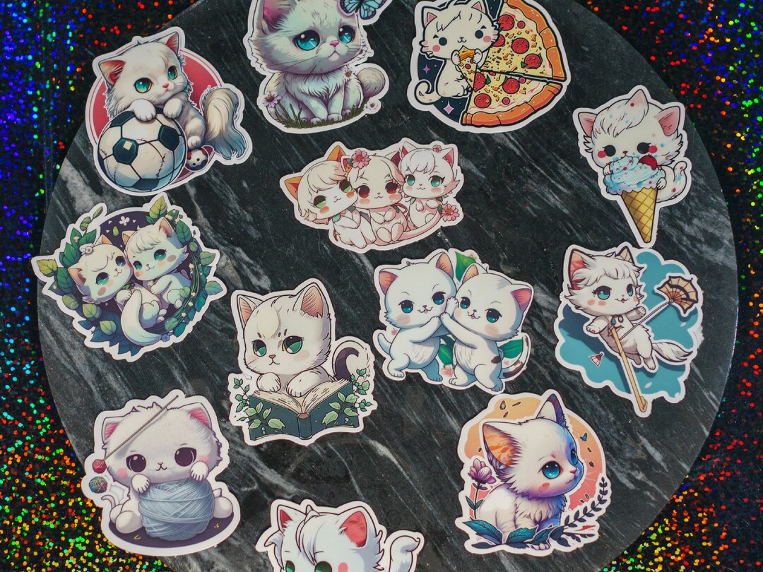 Cute White Cat Stickers Pack | 12 Kawaii White Kitten Waterproof ...