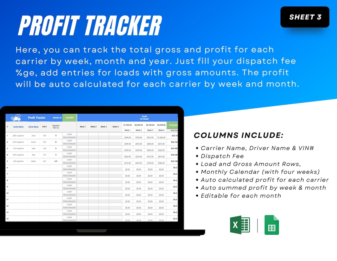 Freight Dispatch Management Spreadsheet Load Tracker Truck - Etsy