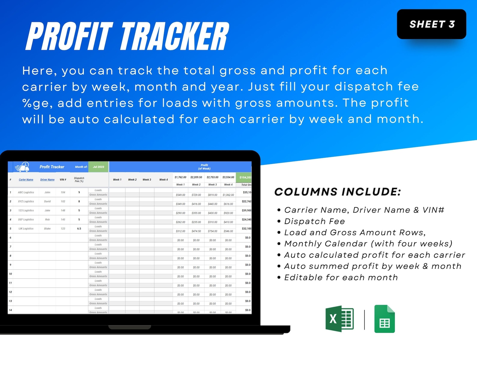 Freight Dispatch Management Spreadsheet - Load Tracker, Truck & Finance ...