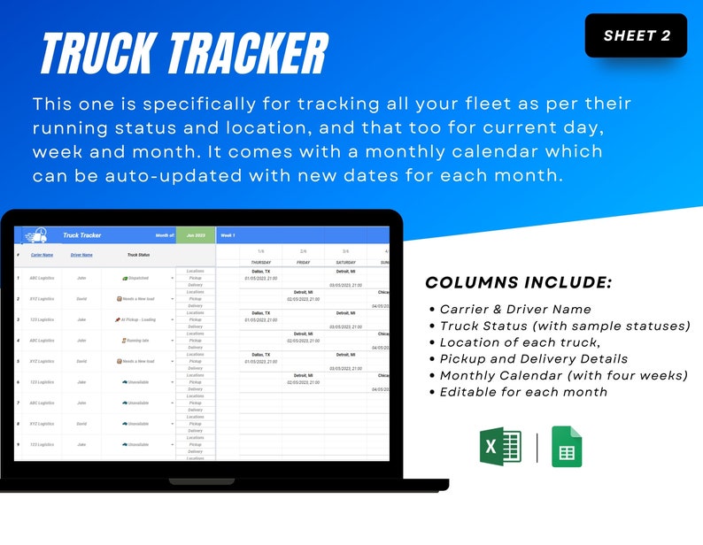 Freight Dispatch Management Spreadsheet - Load Tracker, Truck & Finance ...