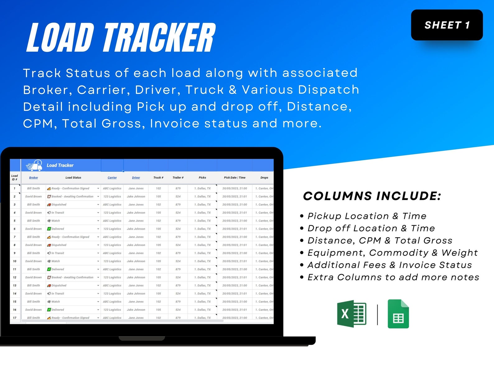 Freight Dispatch Management Spreadsheet - Load Tracker, Truck & Finance Trackers, Bonus Cold ...