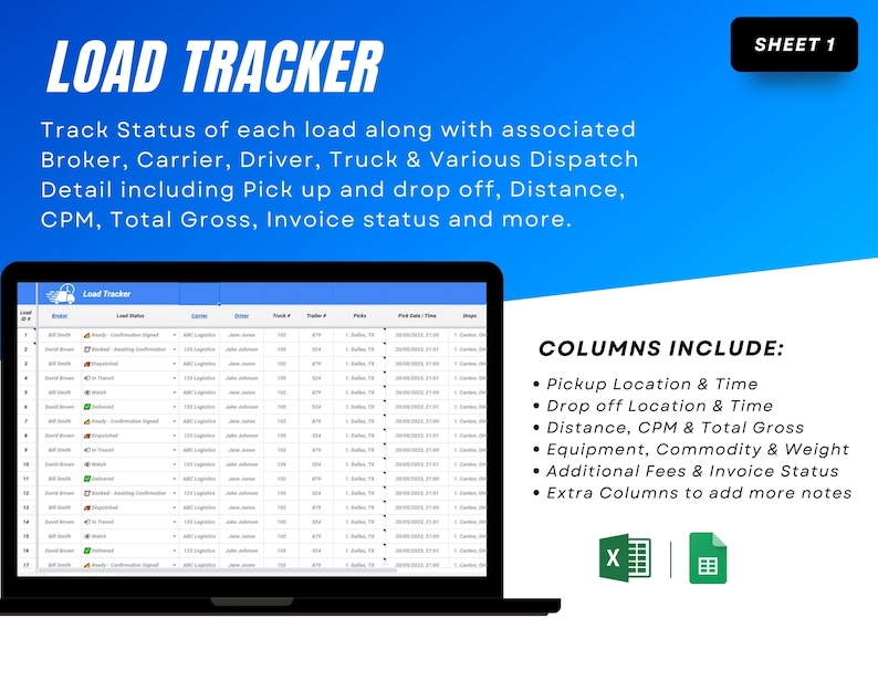 Freight Dispatch Management Spreadsheet - Load Tracker, Truck & Finance ...