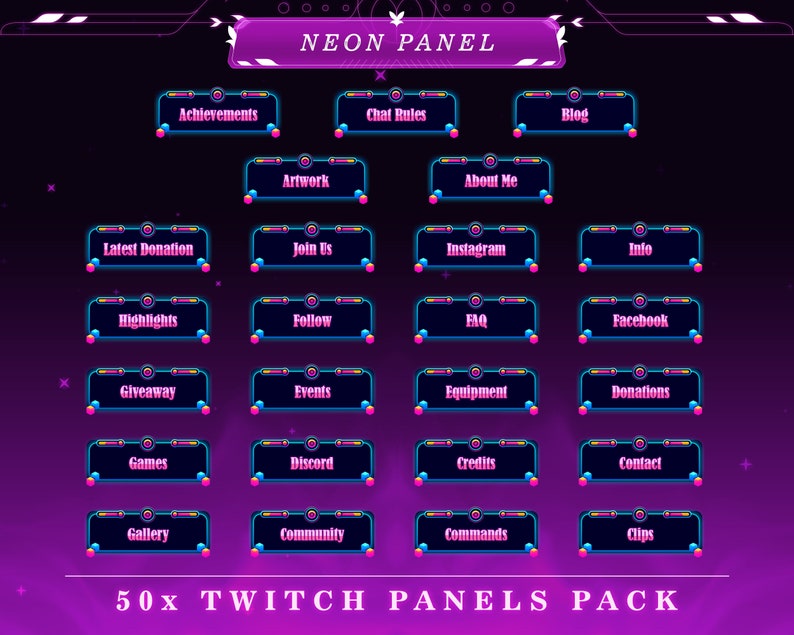 Electric Neon Twitch Panels Stream Overlays Vibrant Theme Graphics ...