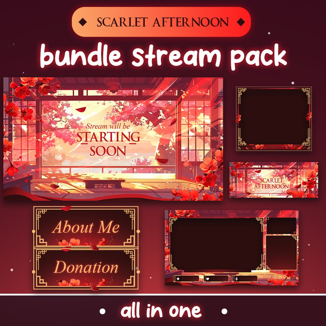 Scarlet Afternoon Animated Stream Overlay Pack: Twitch, Youtube, Kick ...