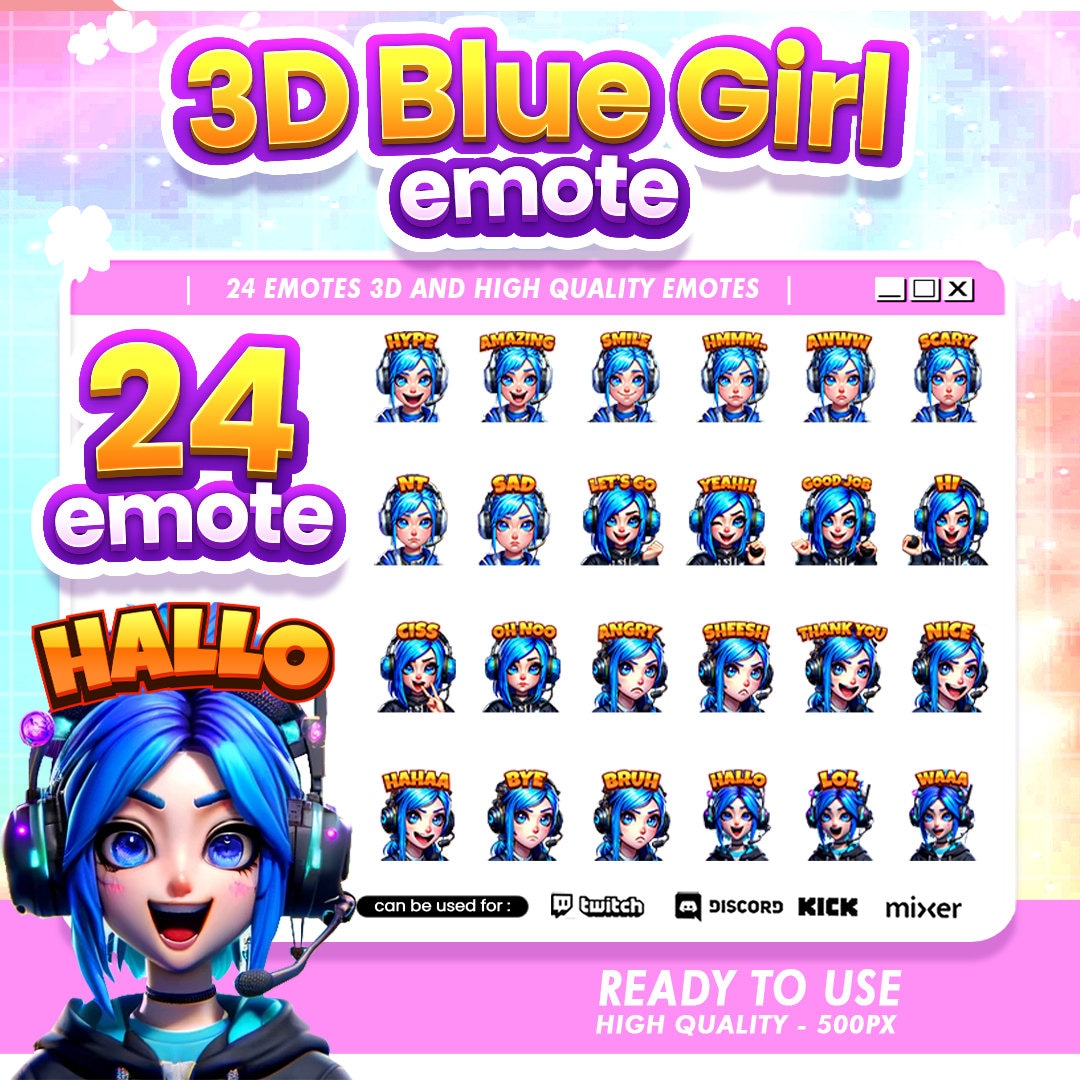 Twitch Emote 3D Collection Blue Hair Girl for Next-level Streamer Chat ...