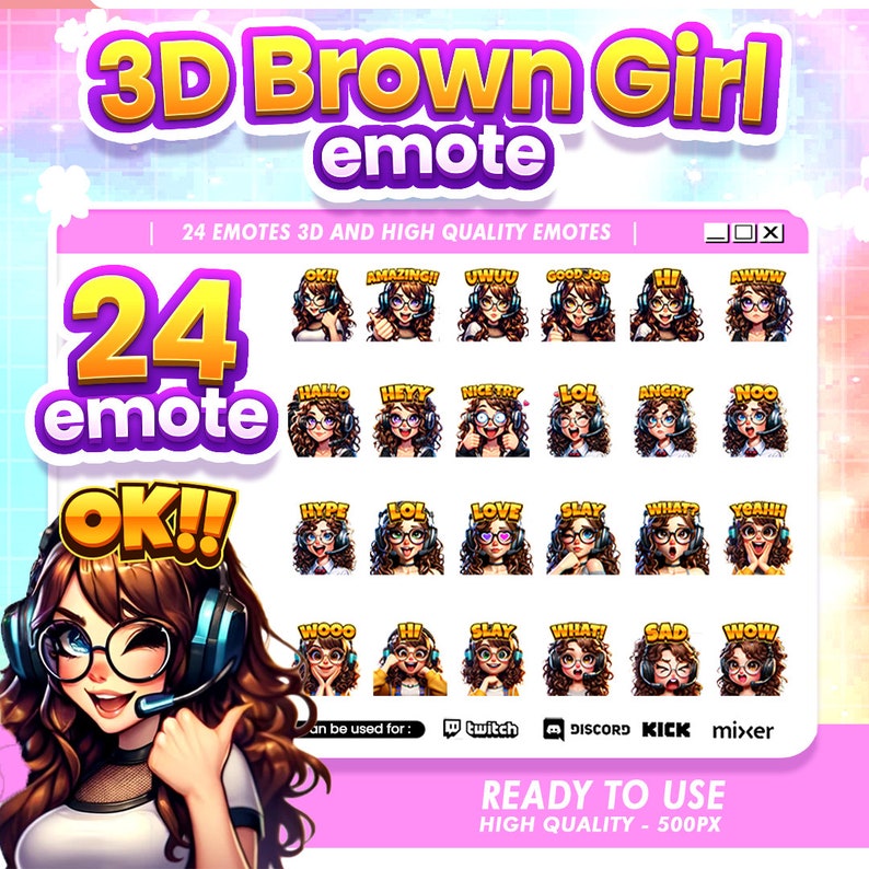 Twitch Emote Epic 3D Pack Curly Brown Hair Girl for Boost Engagement on ...