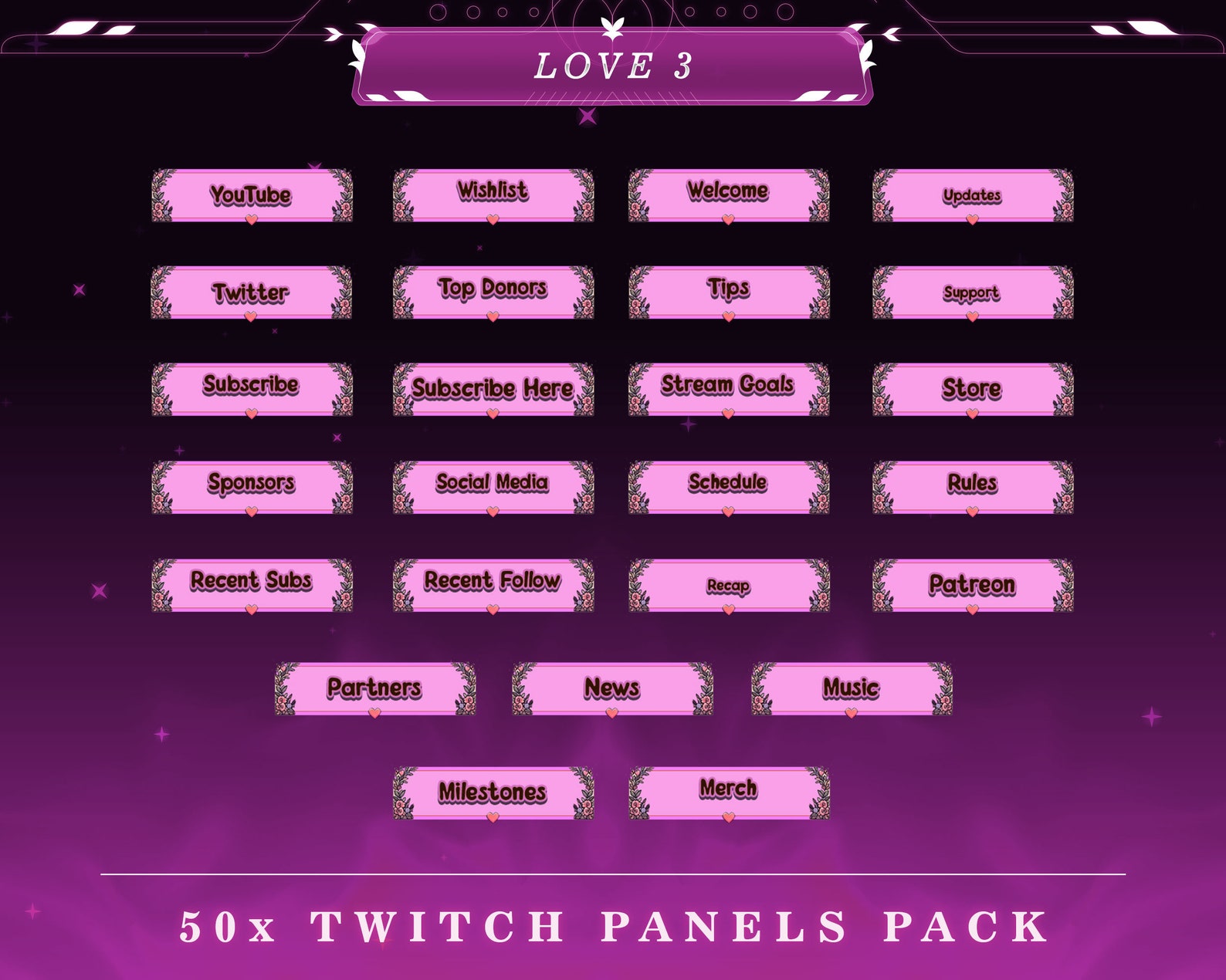 Heartfelt Love Theme Twitch Panels: Stream Overlay Graphics (50+ PNG ...