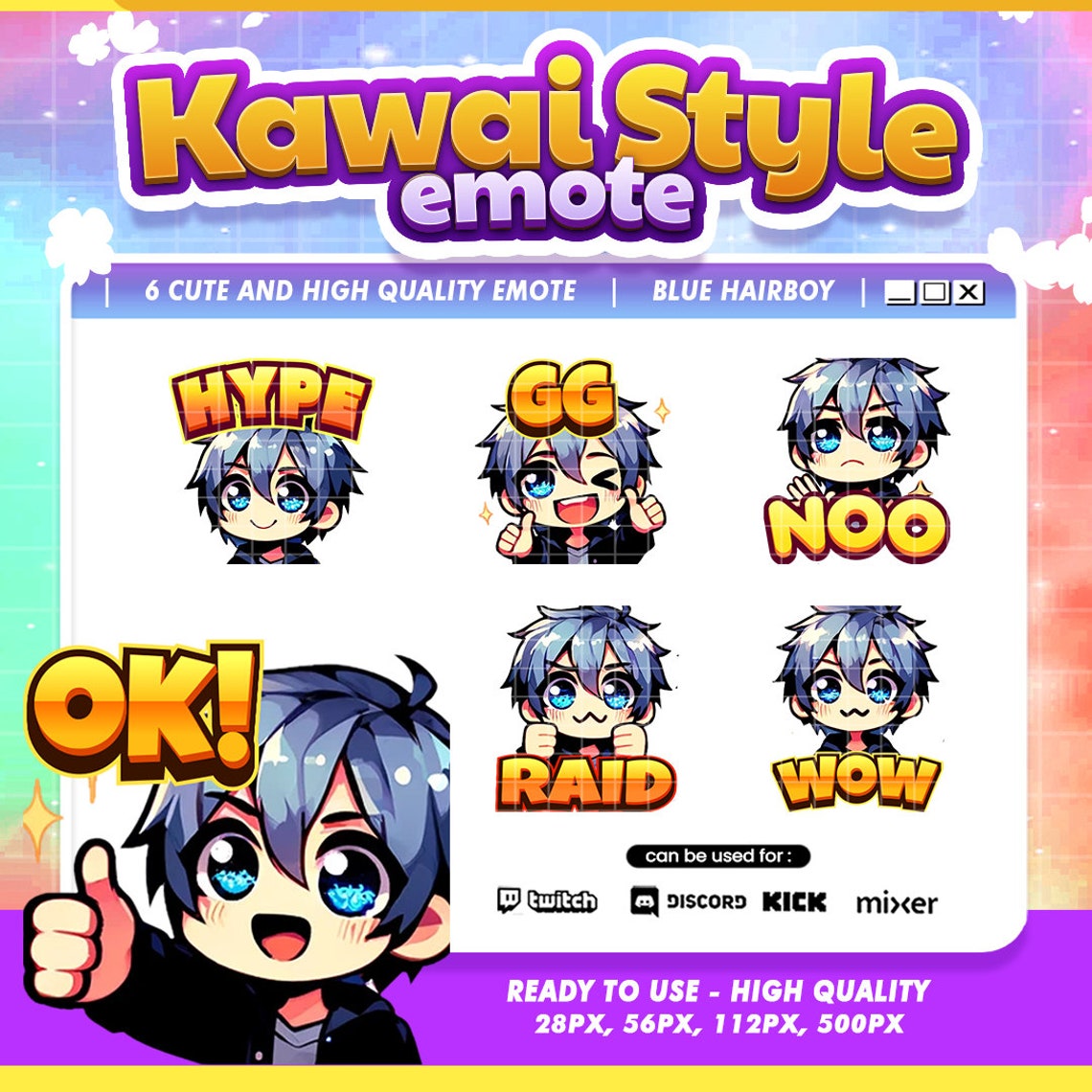 Twitch Emote Kawaii Chibi Blue Hair Boy Pack for Vibrant and Expressive ...