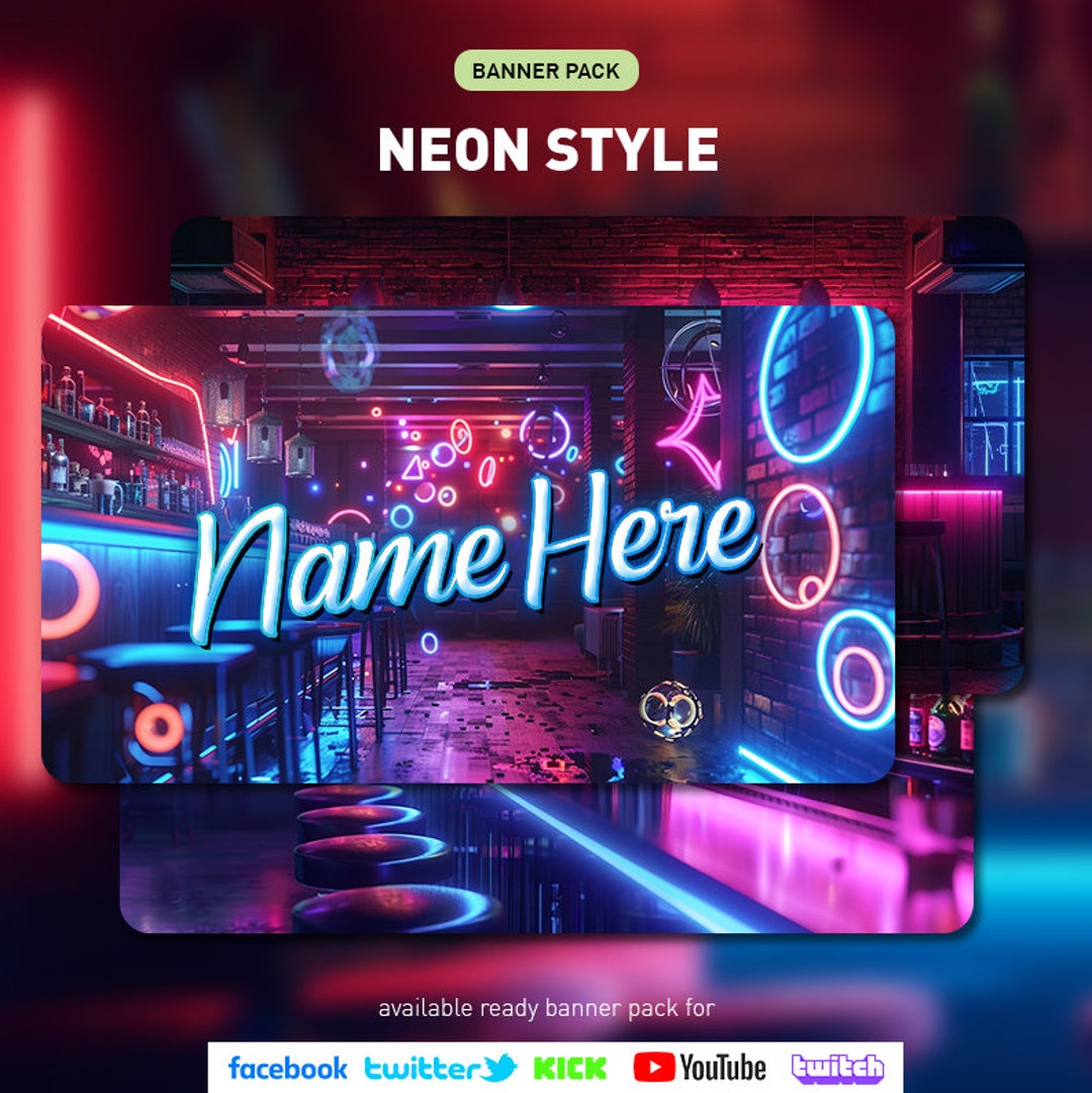 Vibrant Neon Bar Banners for Facebook, Twitter, KICK, Youtube, and ...