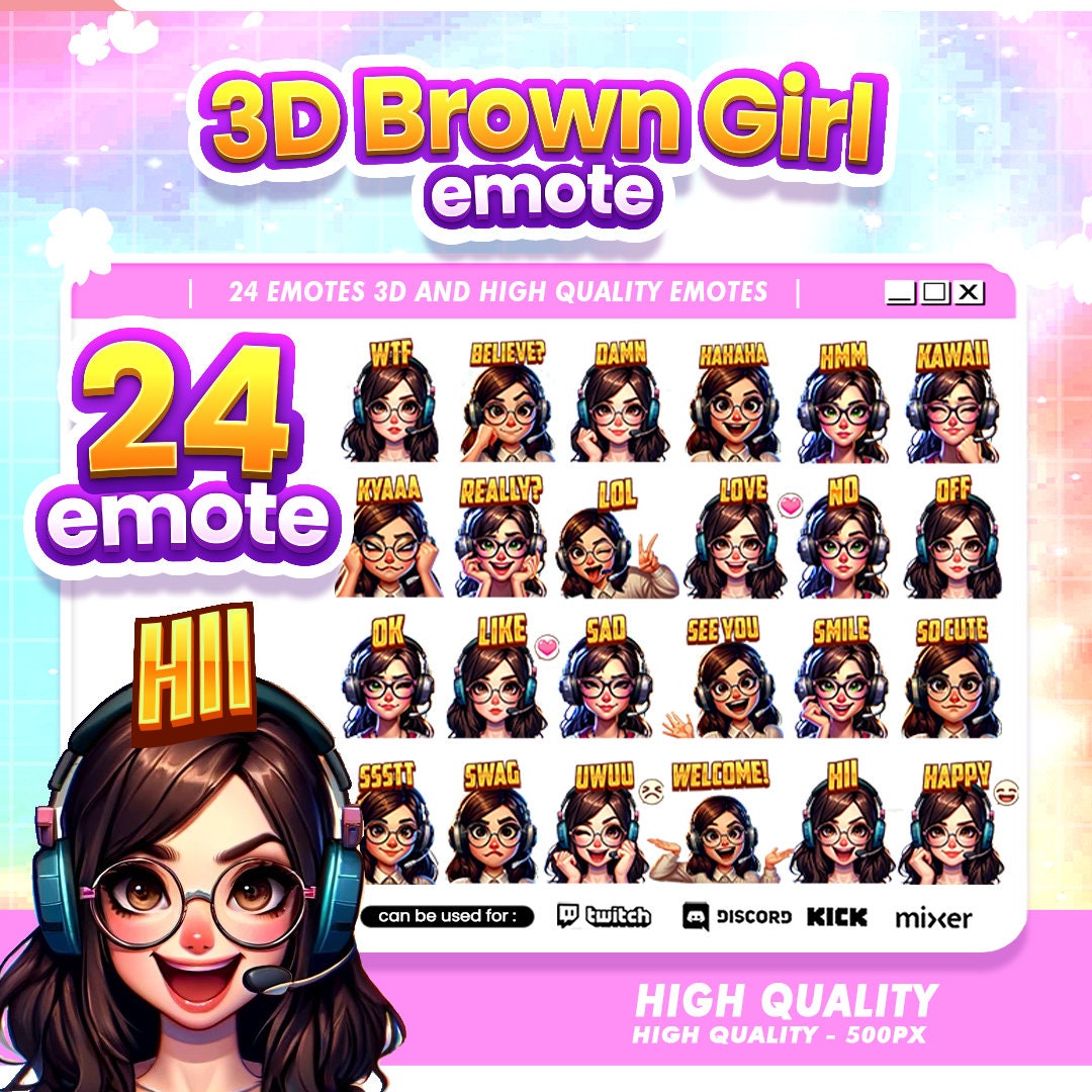 Twitch Emote 3D Pack Glasses Brown Girl Premium for Twitch and Discord ...