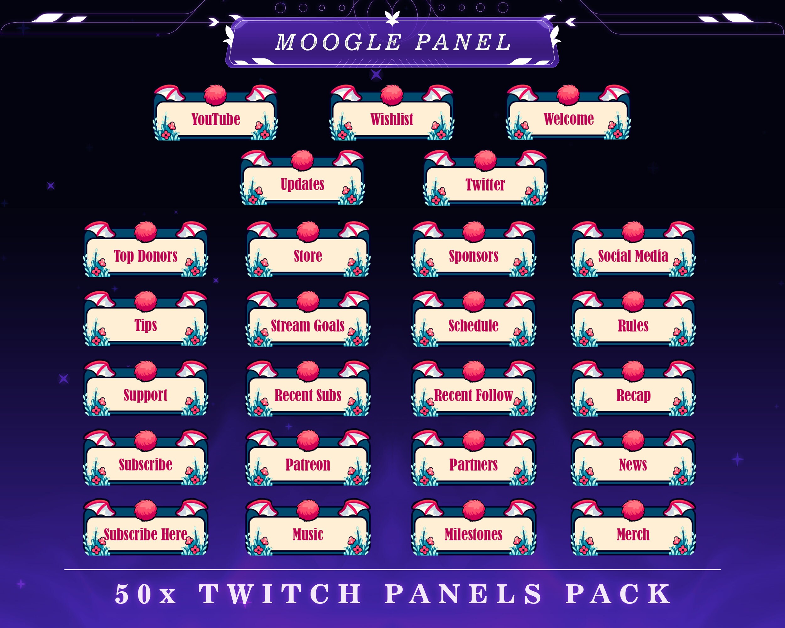 Moogle Twitch Panels | Stream Overlays | Cute Fantasy Theme Graphics | Overlay Panels | Streamer ...