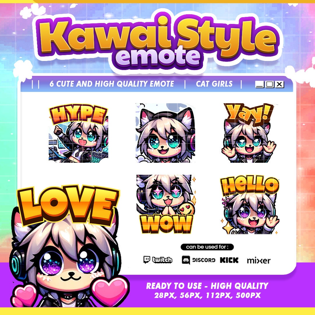 Twitch Emote Cyberpunk Cat Girl Kawaii Chibi Pack for Futuristic Feline ...
