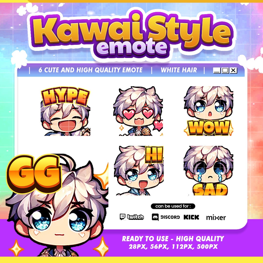 Twitch Emote Kawaii Chibi White Hair Boy Pack for Unique Anime-inspired ...