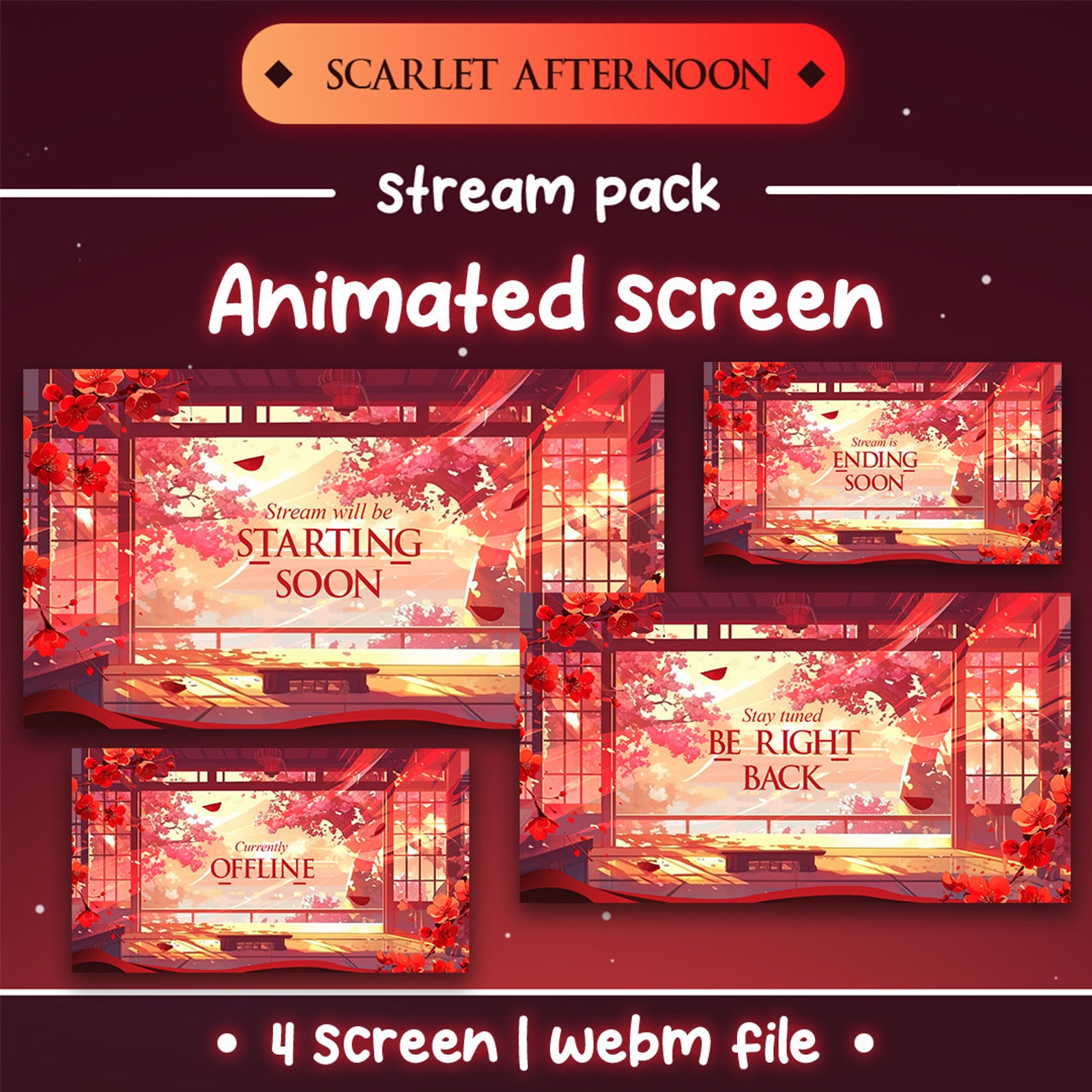 Scarlet Afternoon Animated Stream Overlay Pack: Twitch, Youtube, Kick ...