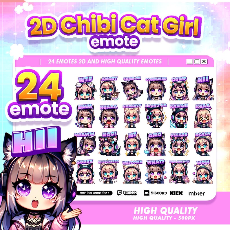 Twitch Emote Engaging Chibi Animal Ear Purple Girl for Interactive ...