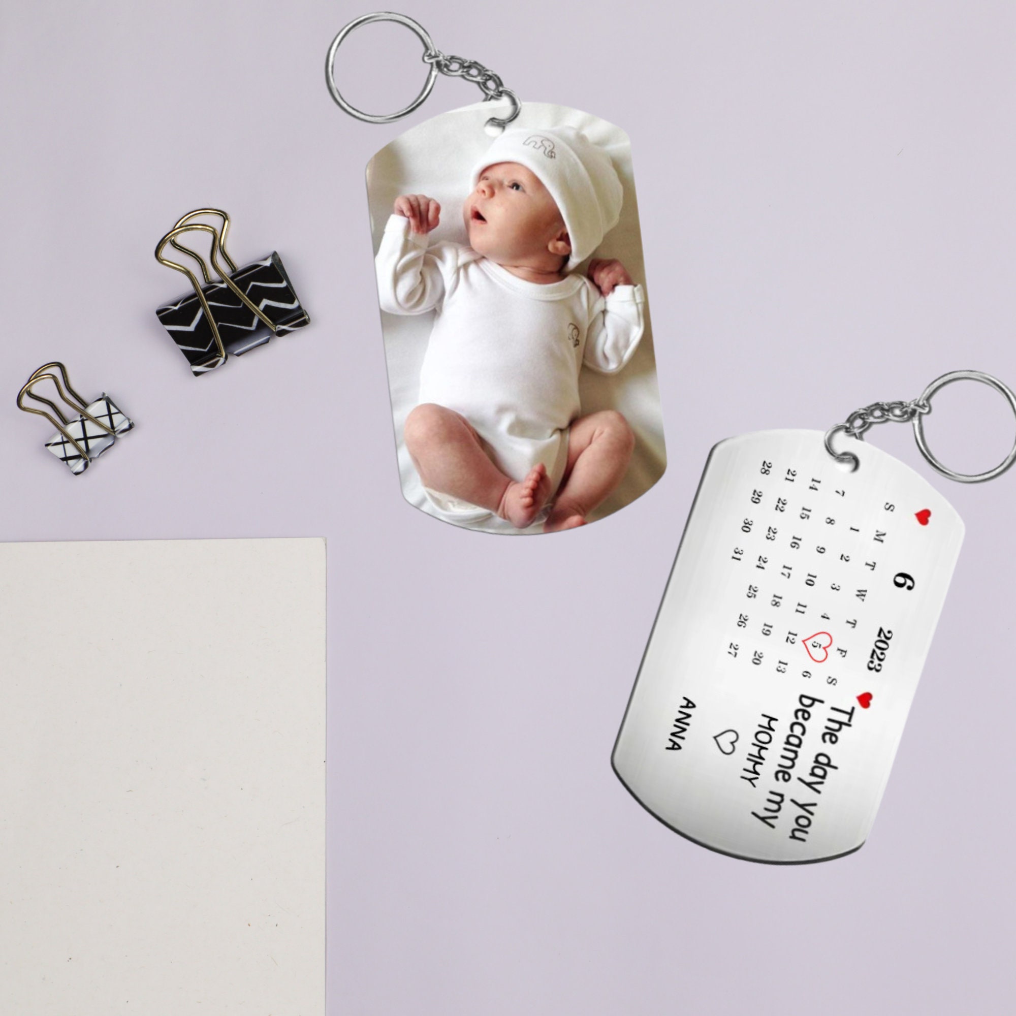 Personalized Photo Keychain, Custom Photo the Day You Became My Mommy Keychain, Baby Calendar ...