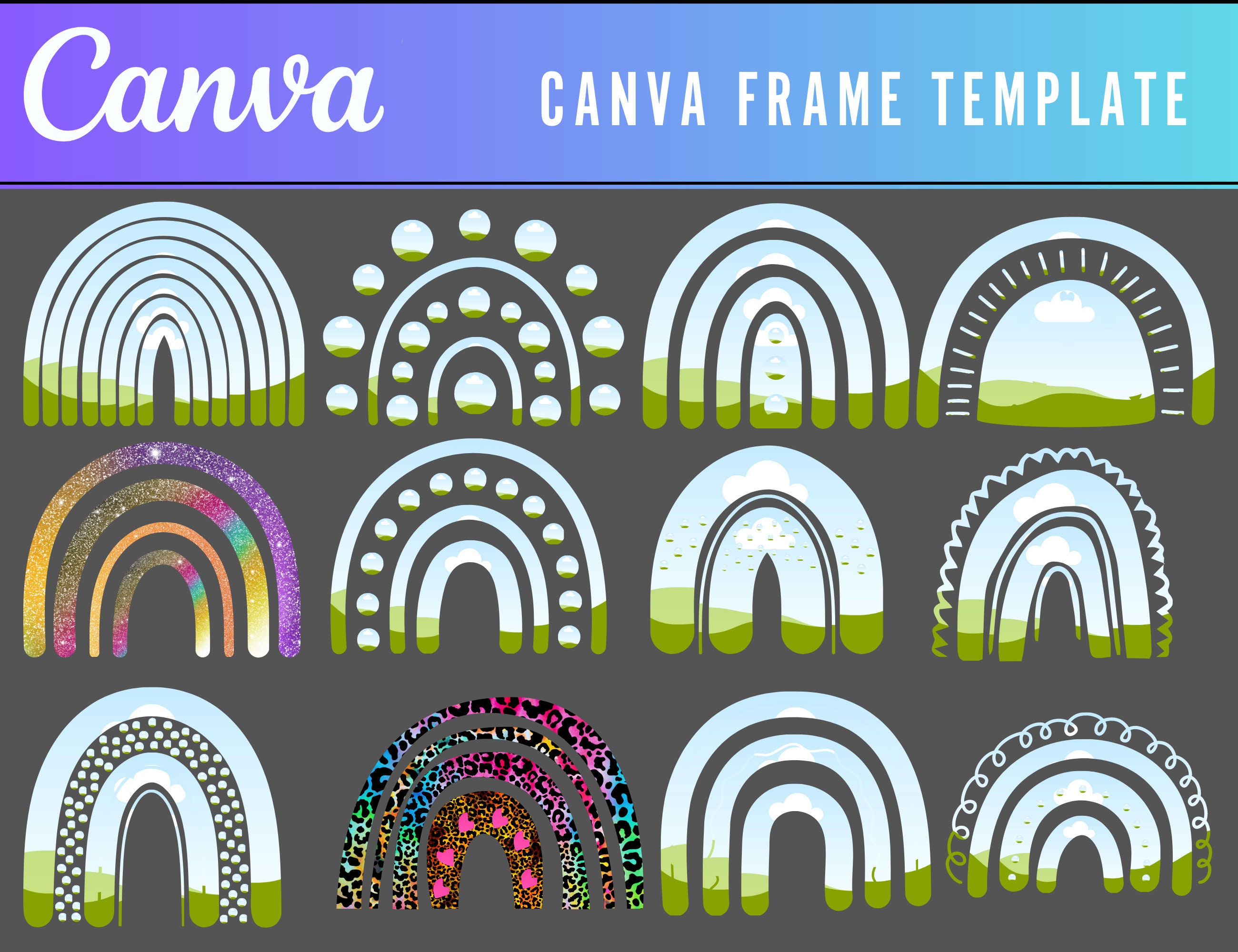 Editable Canva Frames Bundle: Set of 12 Boho Rainbows Easy - Etsy