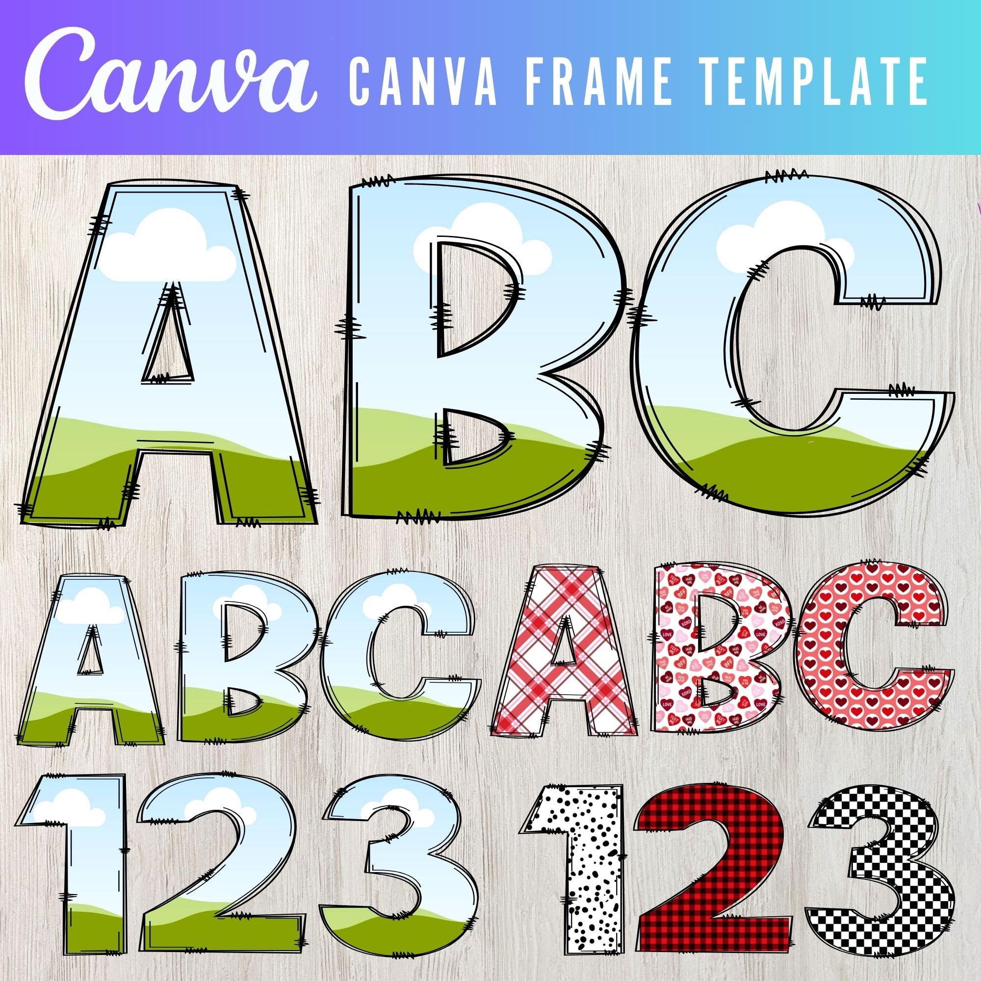 Canva Frame Doodle Alphabet MAYÚSCULAS, minúsculas y números, plantilla ...
