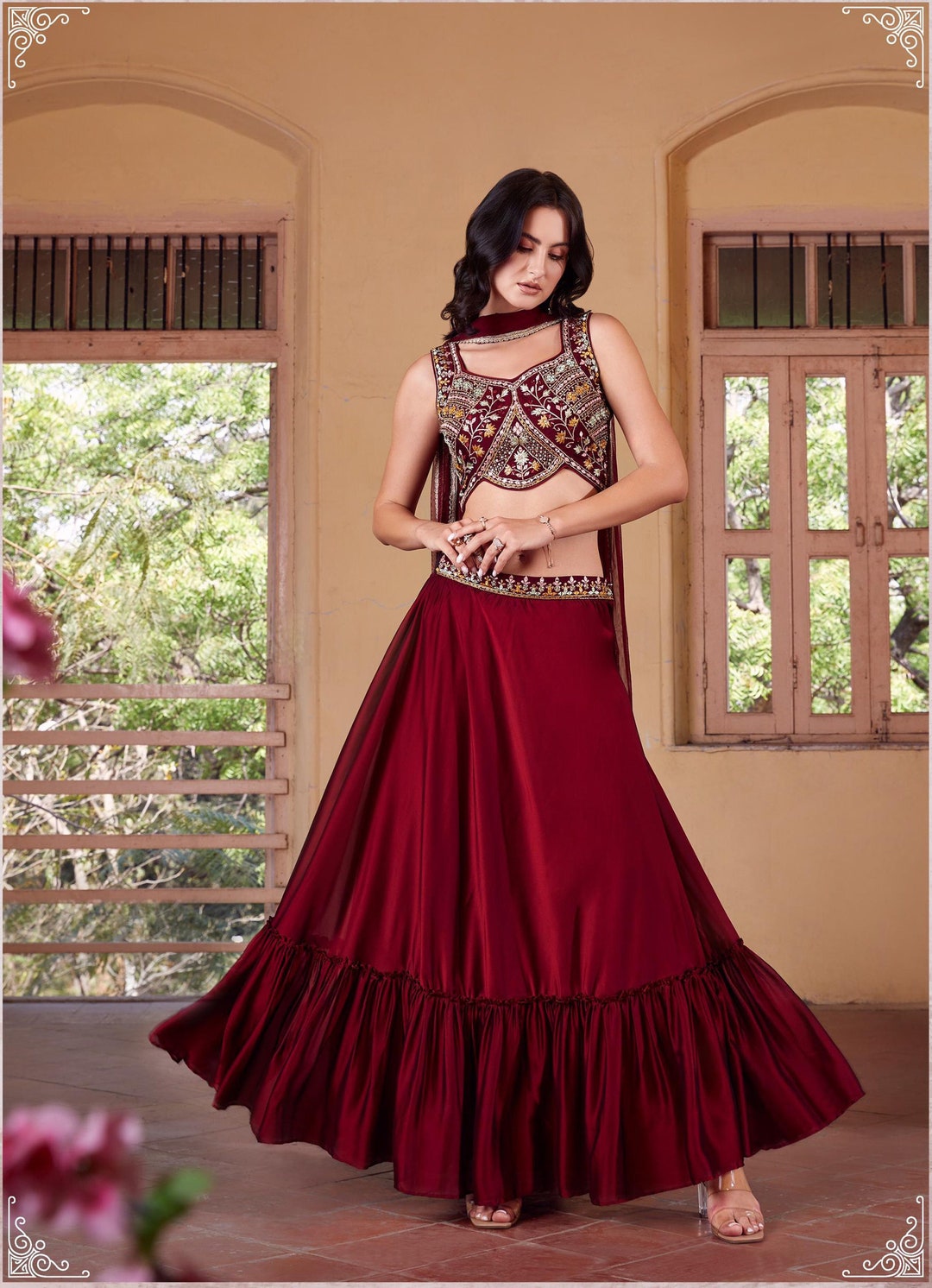 Indo Western Lehenga Choli With Shrug Maroon Foux Georgette Wedding Lehenga Choli Set With ...