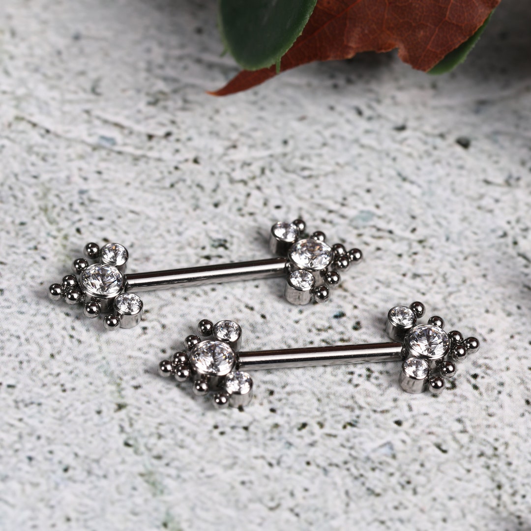 G23 Titanium Nipple Barbells 14G Nipple Piercings Front Facing Clear CZ ...