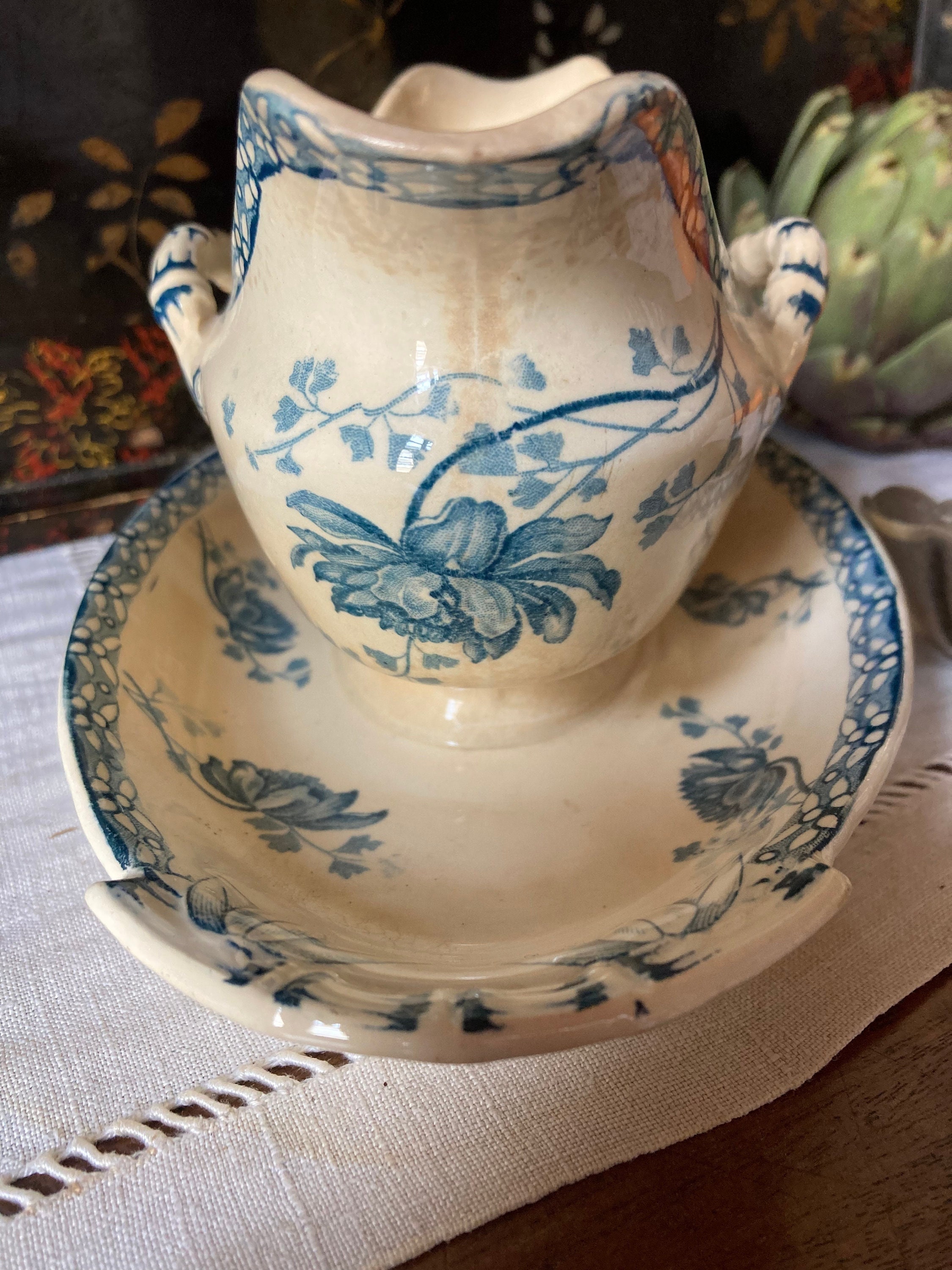 Antique French Royat Sarreguemines Gravy Boat / Blue and White ...