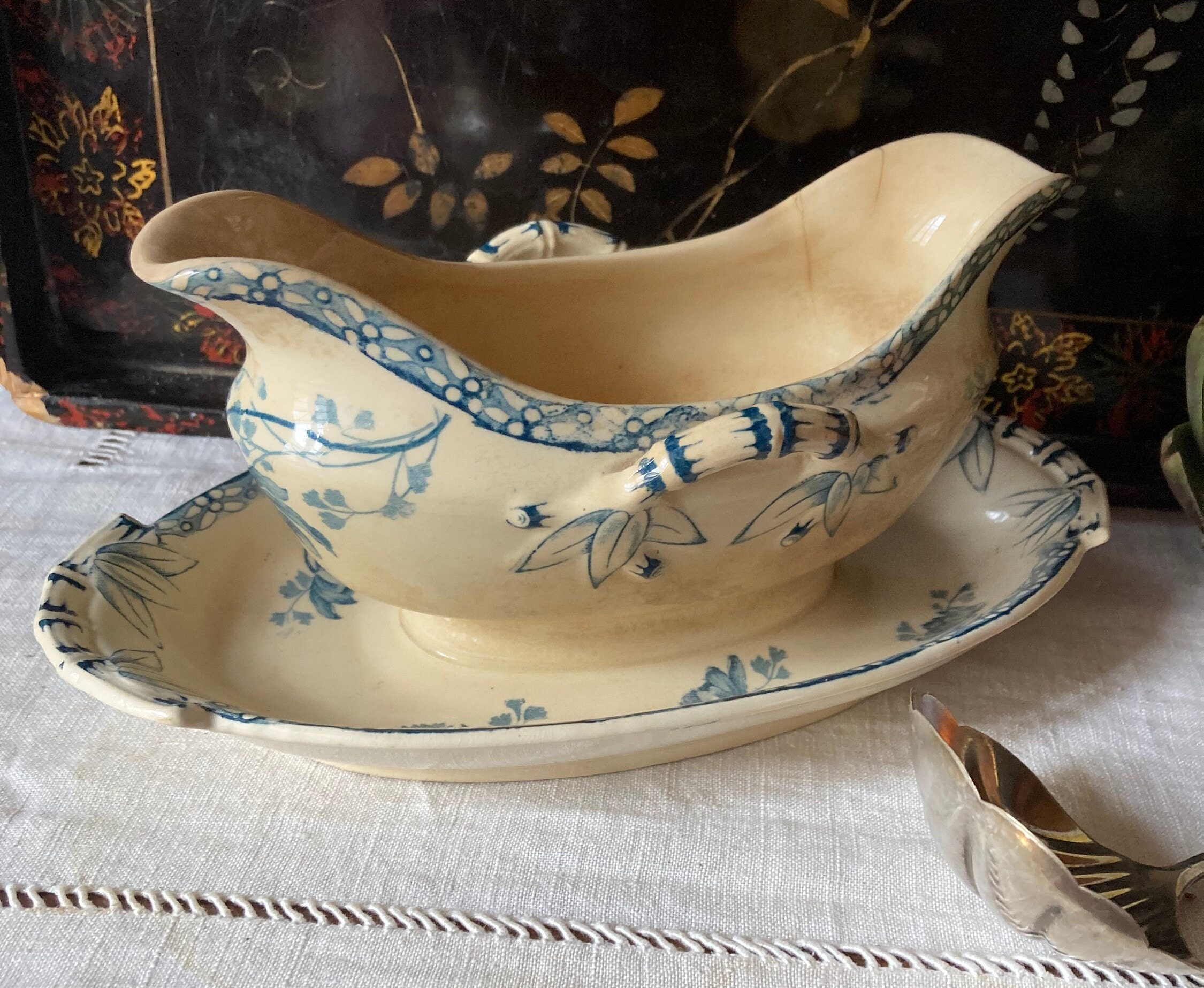 Antique French Royat Sarreguemines Gravy Boat / Blue and White ...