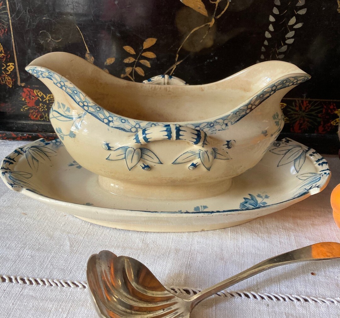 Antique French Royat Sarreguemines Gravy Boat / Blue and White ...