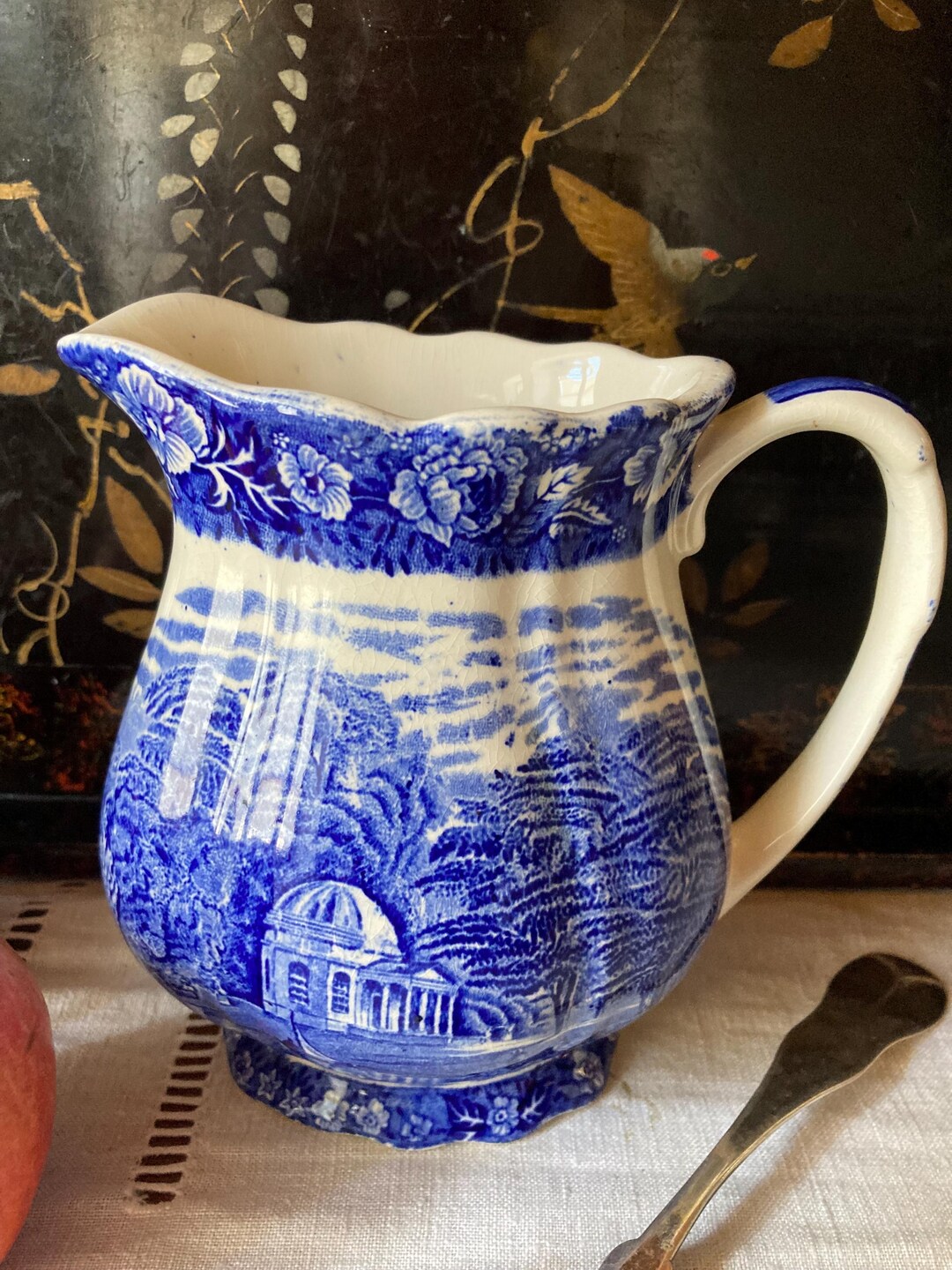 Vintage English Palissy Pottery Milk Jug / Blue and White Thames River ...