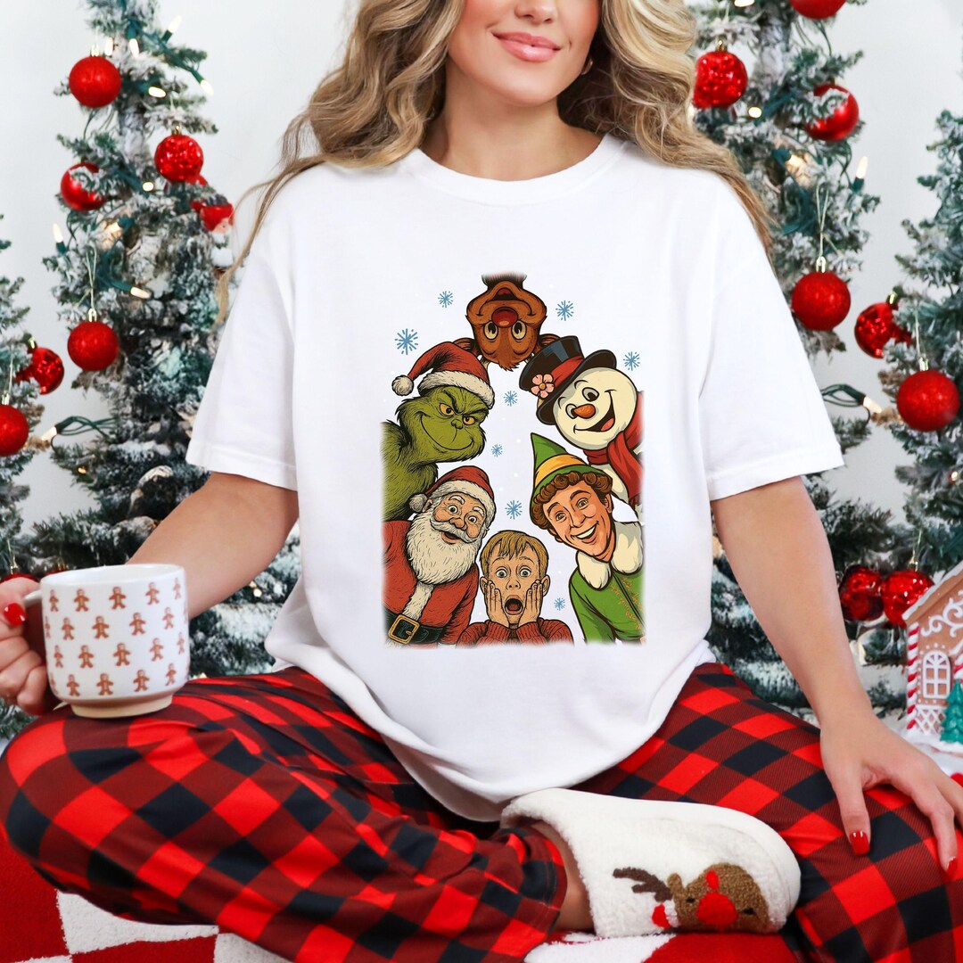 Christmas Movie Character Faces Shirt, Grinch Elf Santa Kevin Home ...