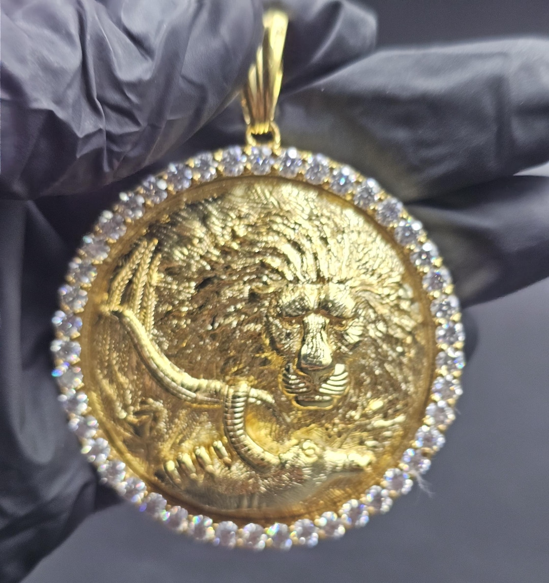 Iced Out Lion Head Moissanite Pendant, Yellow Gold Plated Sterling ...