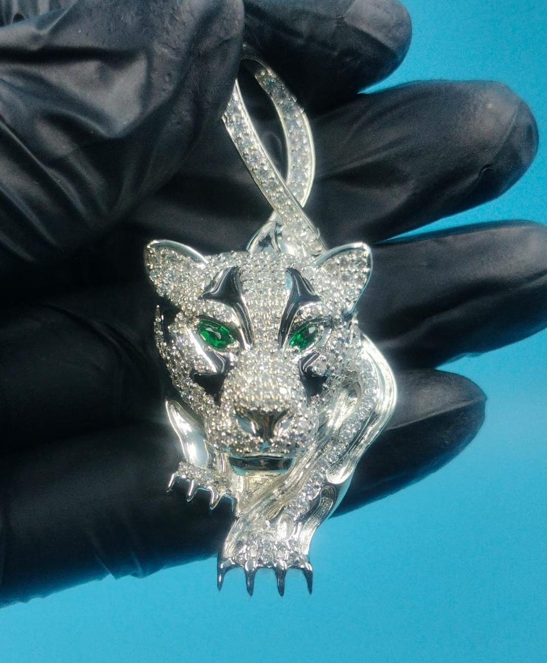 Iced Out Tiger Head Pendant With Green Eyes Silver Tone Hip Hop Animal ...