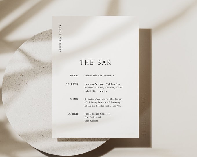 Minimalist Bar Menu Sign, Printable Wedding Bar Menu, Alcohol Drinks ...