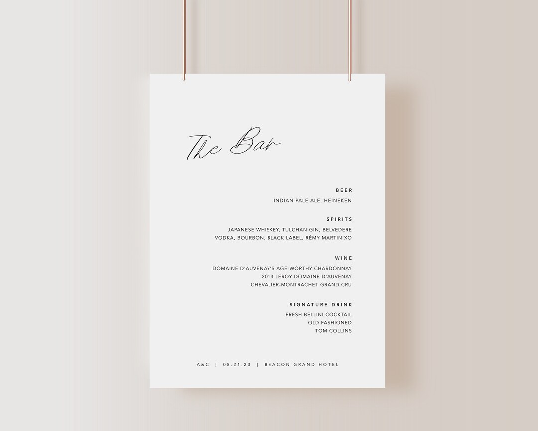 Modern Script Bar Menu Sign, Printable Wedding Bar Menu, Alcohol Drinks ...