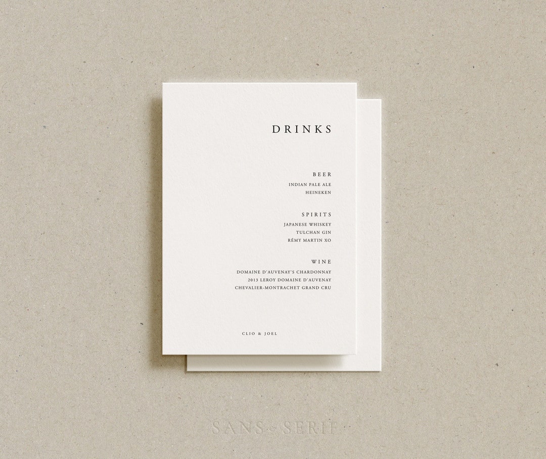 PRINTED Minimalist Bar Menu, Simple Bar Sign, Printed on Cardstock - Etsy