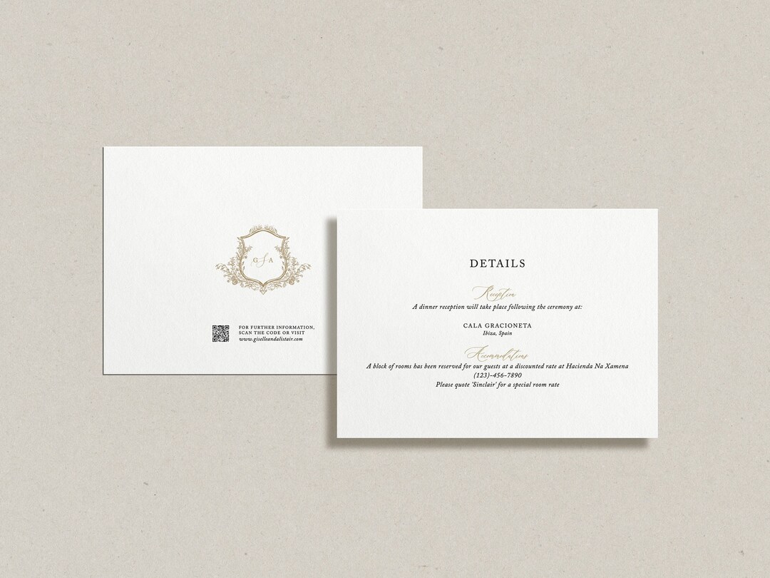 Classic Gold Details QR Code Insert Card, Wedding Crest Details With ...