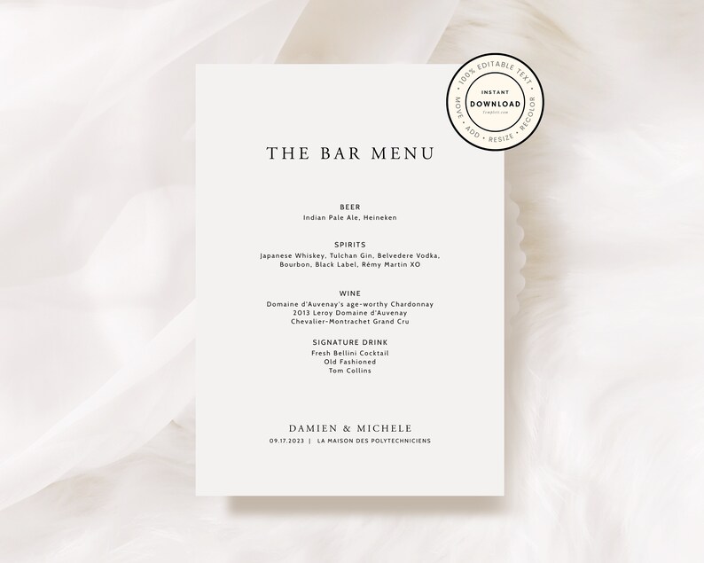 Minimalist Bar Menu Sign Printable Wedding Bar Menu Classic - Etsy