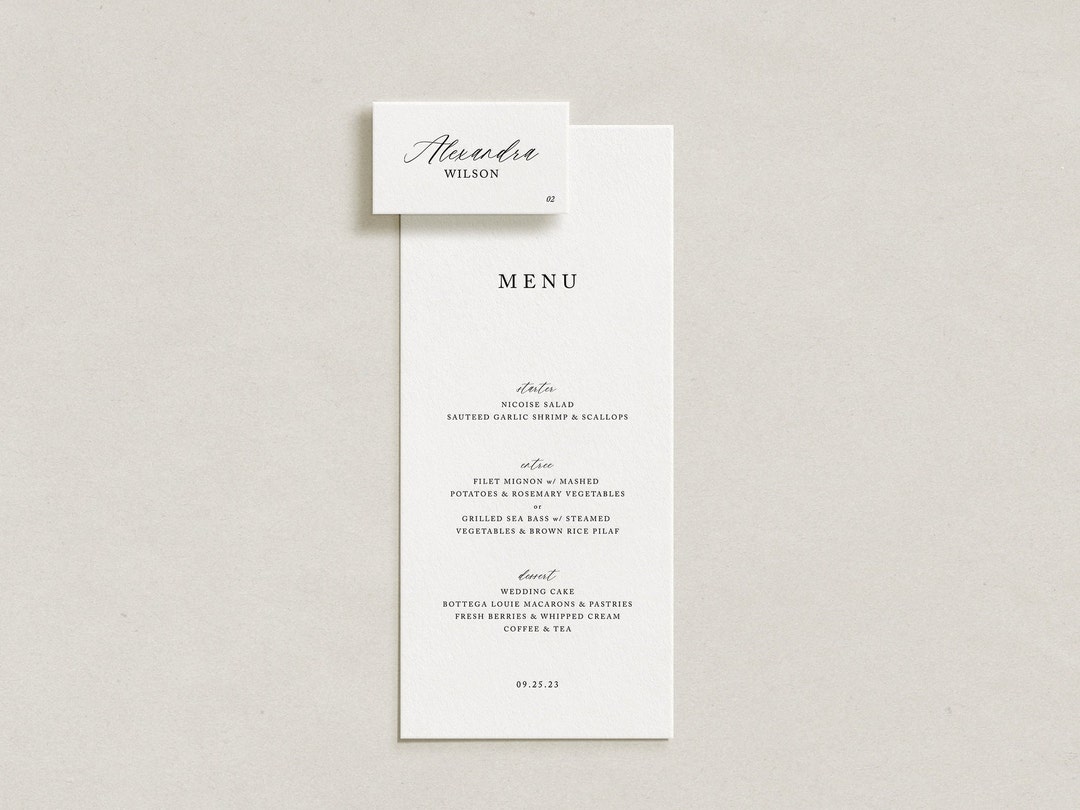 Classic Printable Wedding Menu Template, Name Place Card, Elegant ...