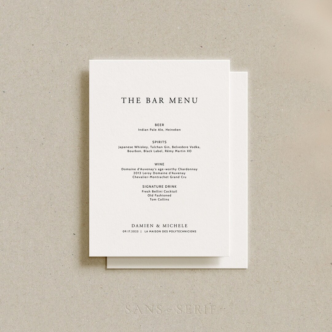 Minimalist Bar Menu Sign, Printable Wedding Bar Menu, Classic Alcohol ...