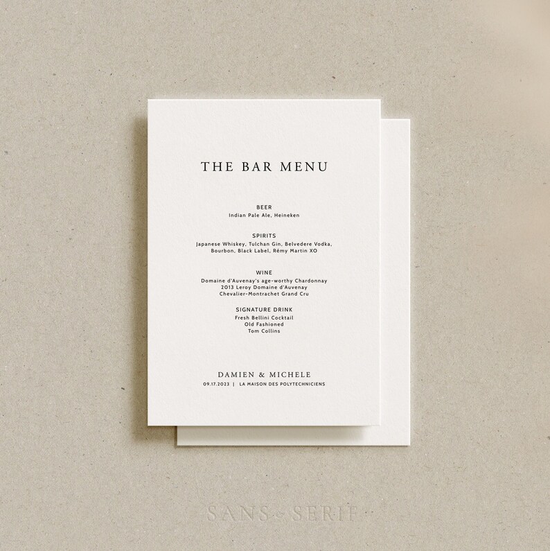 Minimalist Bar Menu Sign Printable Wedding Bar Menu Classic - Etsy