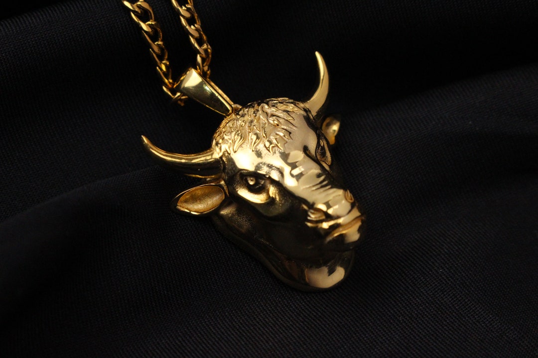 Gold 3D Bull Head Men's Necklace, Gold 3D Bull Pendant With Gold Cuban ...