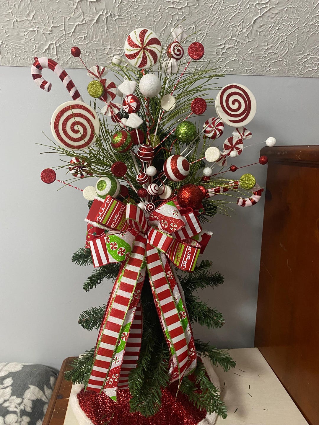 Red and Green Candy Christmas Tree Topper, Whimsical Tree Topper ...