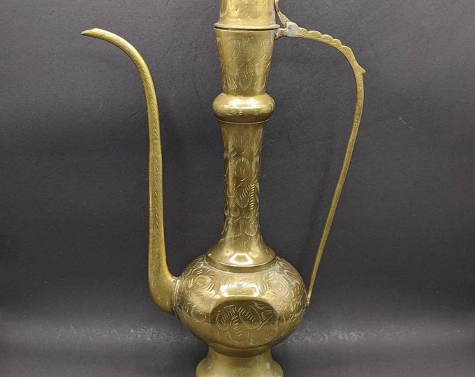 Brass AFTABA Ewer, Large Vintage Indian Scented Water Holder, Etched ...