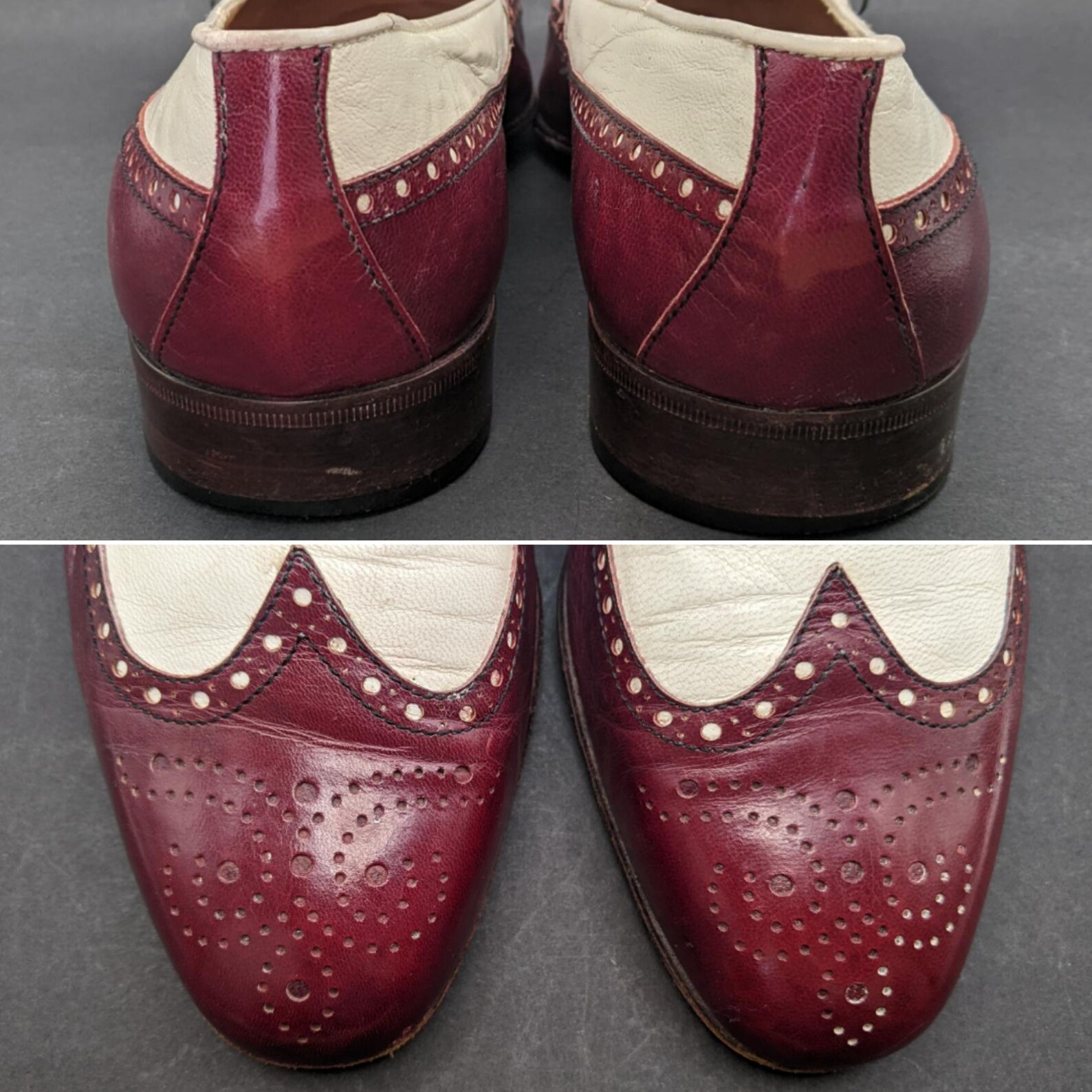 SAURO Dandy Maroon & White Leather Wingtips, Gold Detail Size 42 ...